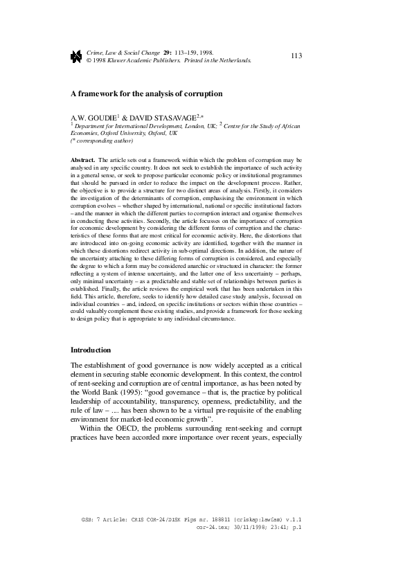 (PDF) A framework for the analysis of corruption