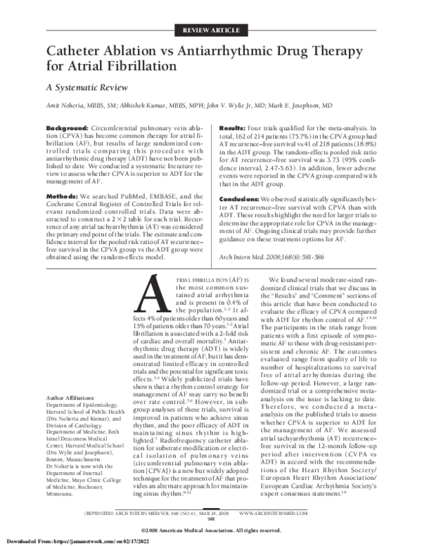 (PDF) Catheter Ablation Vs Antiarrhythmic Drug Therapy for Atrial Fibrillation: a Systematic Review