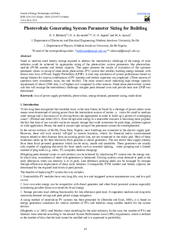 (PDF) Photovoltaic Generating System Parameter Sizing for Building ...