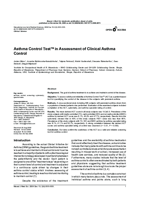 (PDF) Asthma Control Test™ in Assessment of Clinical Asthma Control