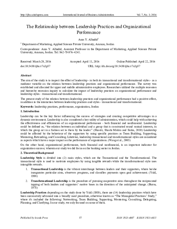 (PDF) The Relationship between Leadership Practices and Organizational Performance