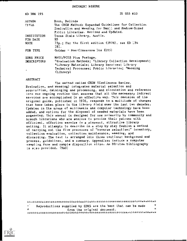 (PDF) The Crew Method: Expanded Guidelines for Collection Evaluation ...