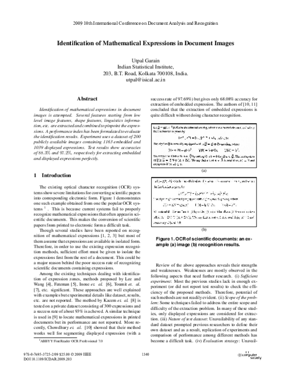 (PDF) Identification of Mathematical Expressions in Document Images