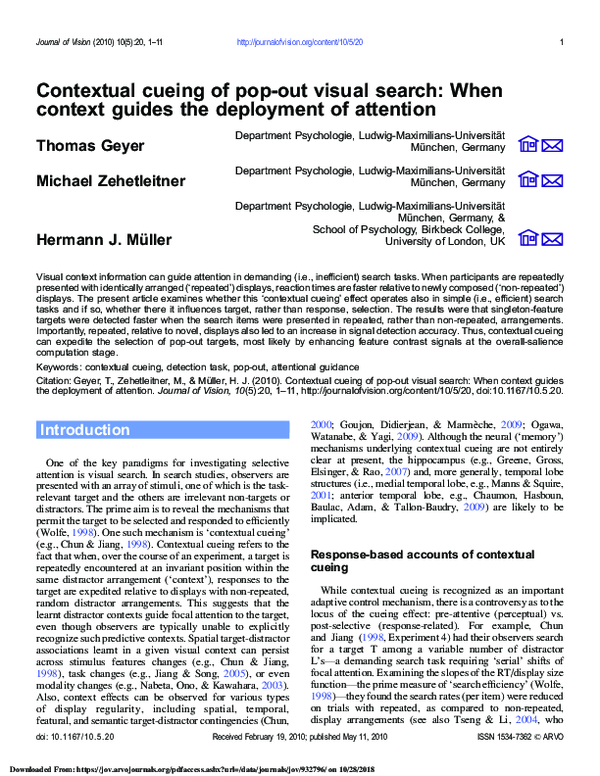 Pdf Contextual Cueing Of Pop Out Visual Search When Context Guides The Deployment Of Attention