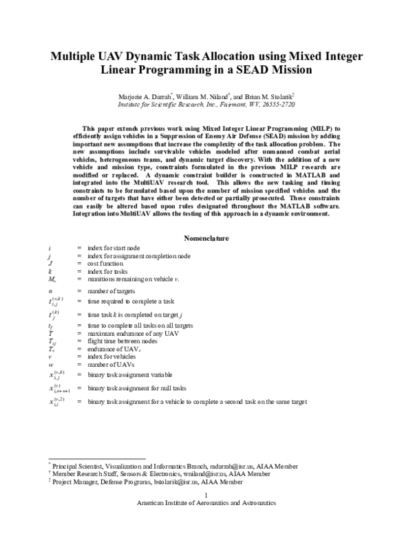 Pdf Multiple Uav Dynamic Task Allocation Using Mixed Integer Linear Programming In A Sead