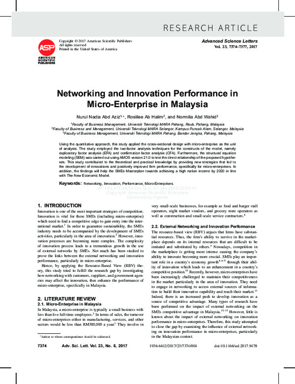 (PDF) Networking and Innovation Performance in Micro-Enterprise in Malaysia