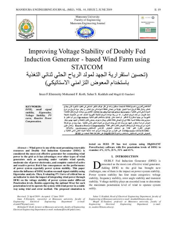 (PDF) Improving Voltage Stability of Doubly Fed Induction Generator - based Wind Farm using STATCOM