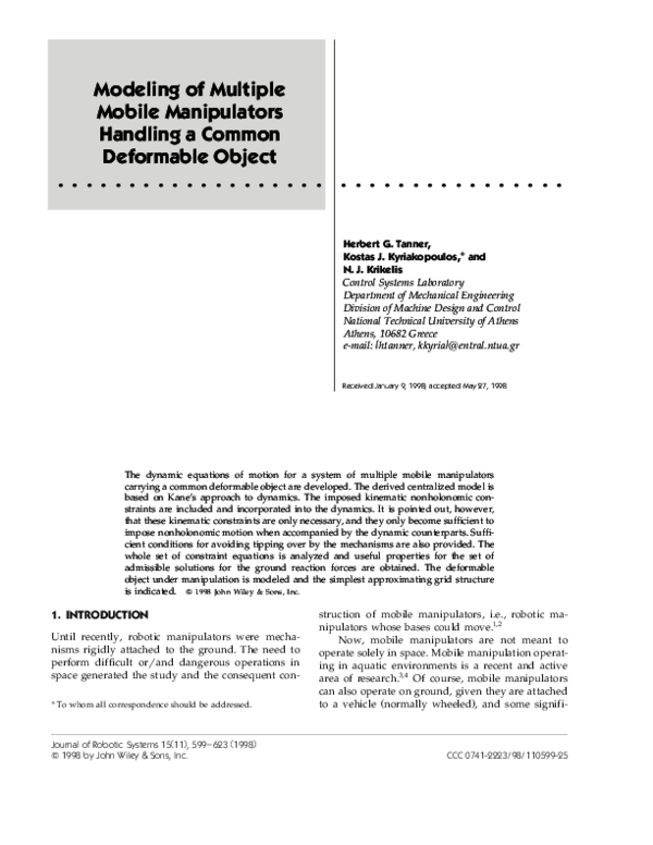 (PDF) Modeling of multiple mobile manipulators handling a common deformable object