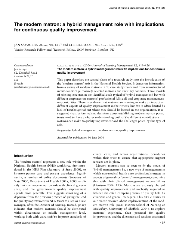 (PDF) The modern matron: a hybrid management role with implications for ...