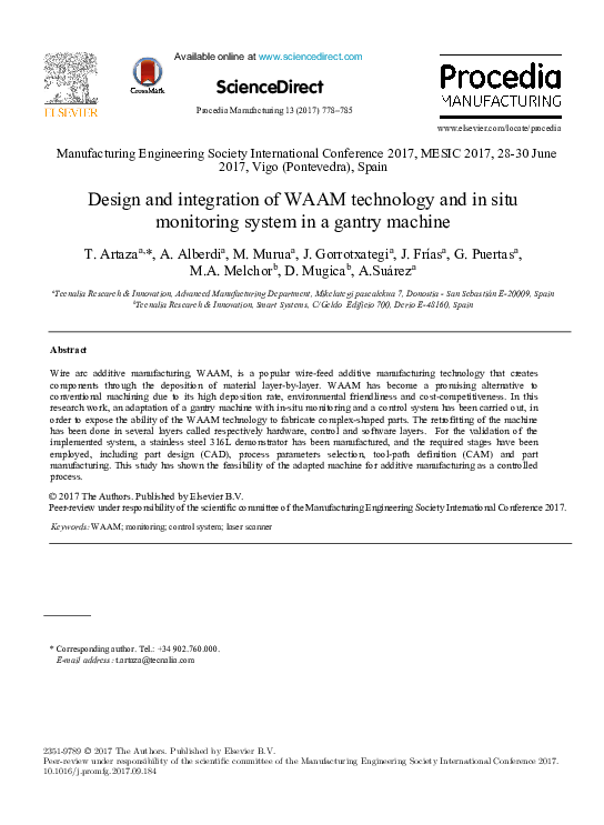 (PDF) Design and integration of WAAM technology and in situ monitoring system in a gantry machine