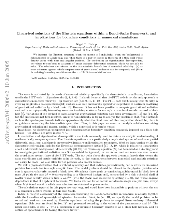 (PDF) Linearized solutions of the Einstein equations within a Bondi ...