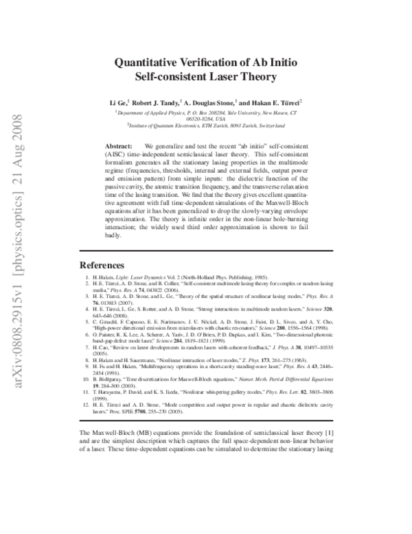 Pdf Quantitative Verification Of Ab Initio Self Consistent Laser Theory