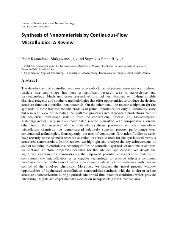 (PDF) Synthesis of Nanomaterials by Continuous-Flow Microfluidics: A Review