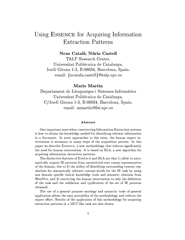 Pdf Using Essence For Acquiring Information Extraction Patterns