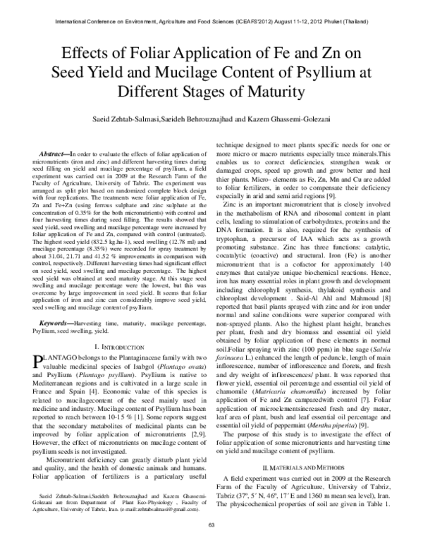 (PDF) Effects of Foliar Application of Fe and Zn on Seed Yield and Mucilage Content of Psyllium ...