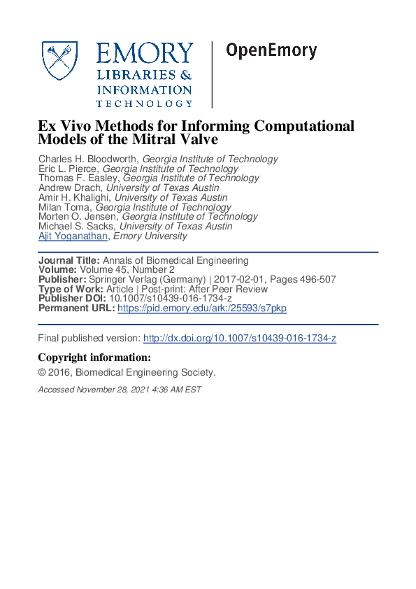 (PDF) Ex Vivo Methods for Informing Computational Models of the Mitral ...