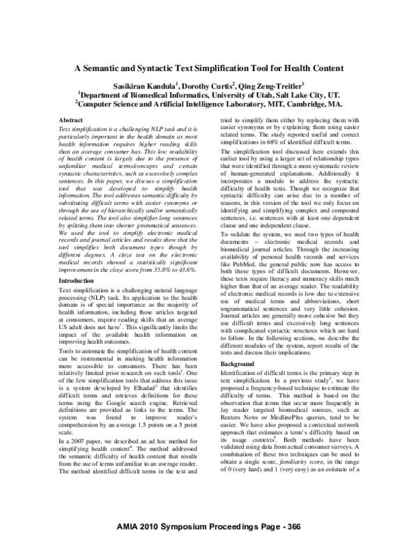 (PDF) A semantic and syntactic text simplification tool for health content