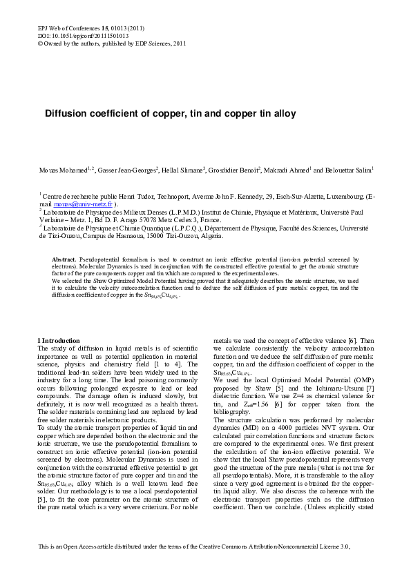 (PDF) Diffusion coefficient of copper, tin and copper tin alloy
