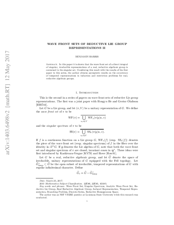 (PDF) Wave front sets of reductive Lie group representations
