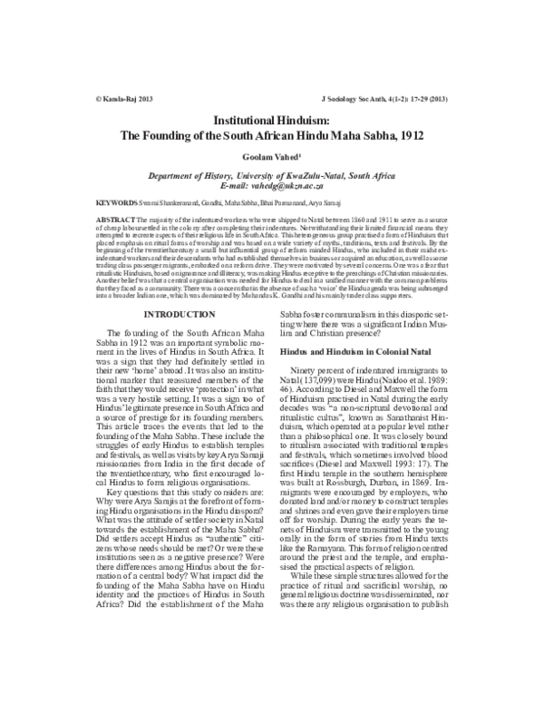 (PDF) Institutional Hinduism: The Founding of the South African Hindu ...