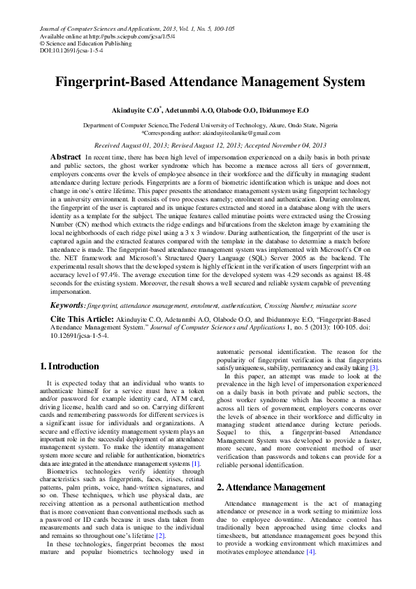 (PDF) Fingerprint-Based Attendance Management System