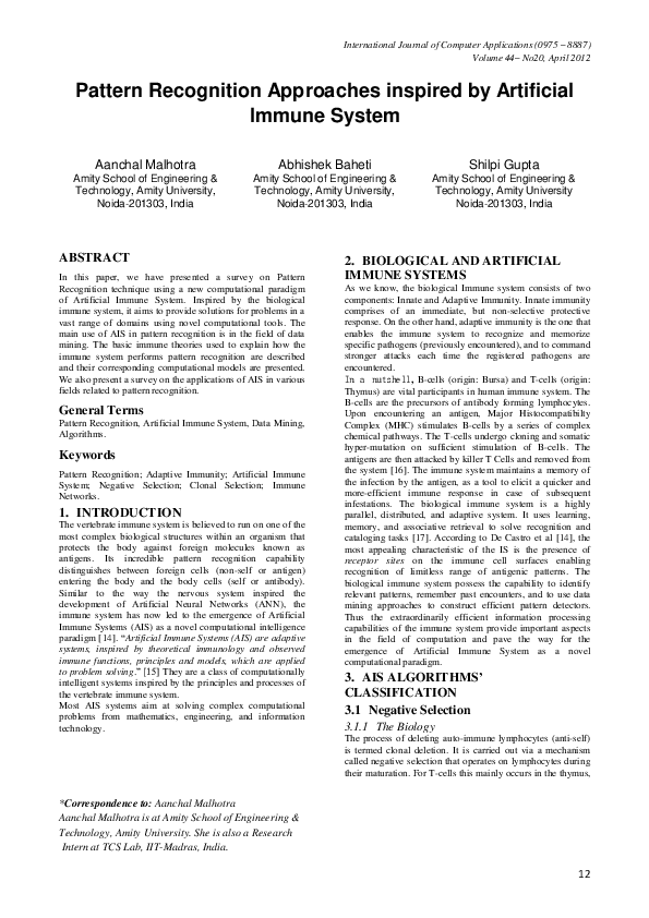 (PDF) Pattern Recognition Approaches inspired by Artificial Immune System