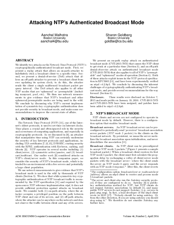 (PDF) Attacking NTP's Authenticated Broadcast Mode