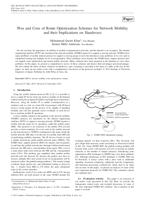 (PDF) Pros and cons of route optimization schemes for network mobility and their implications on ...