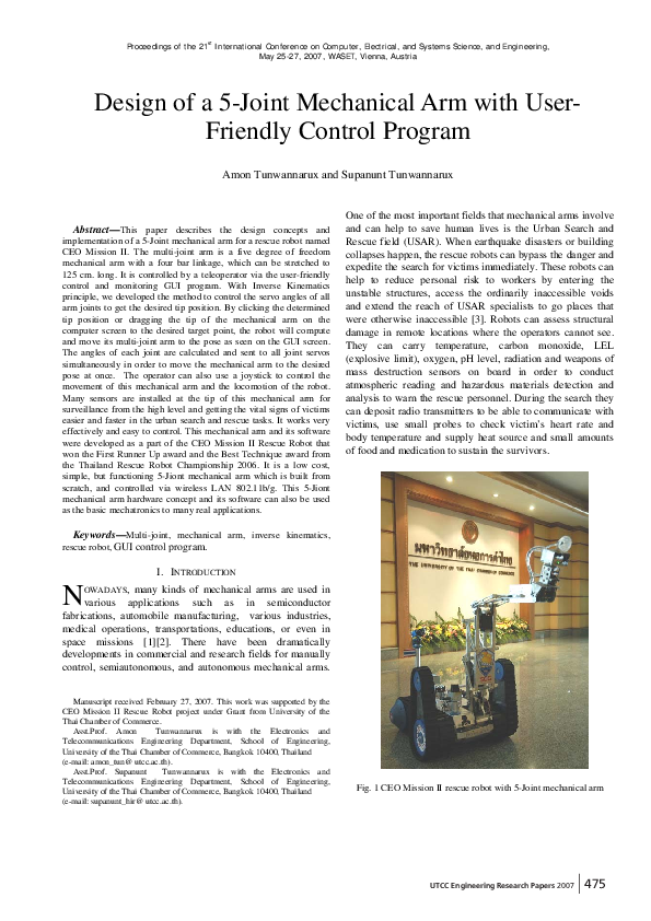(PDF) Design Of A 5-Joint Mechanical Arm With User-Friendly Control Program