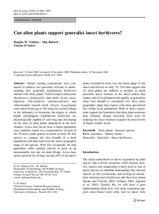 (PDF) Can alien plants support generalist insect herbivores?