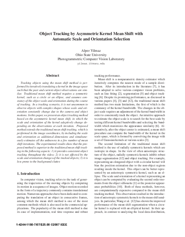 (PDF) Object Tracking by Asymmetric Kernel Mean Shift with Automatic Scale and Orientation Selection