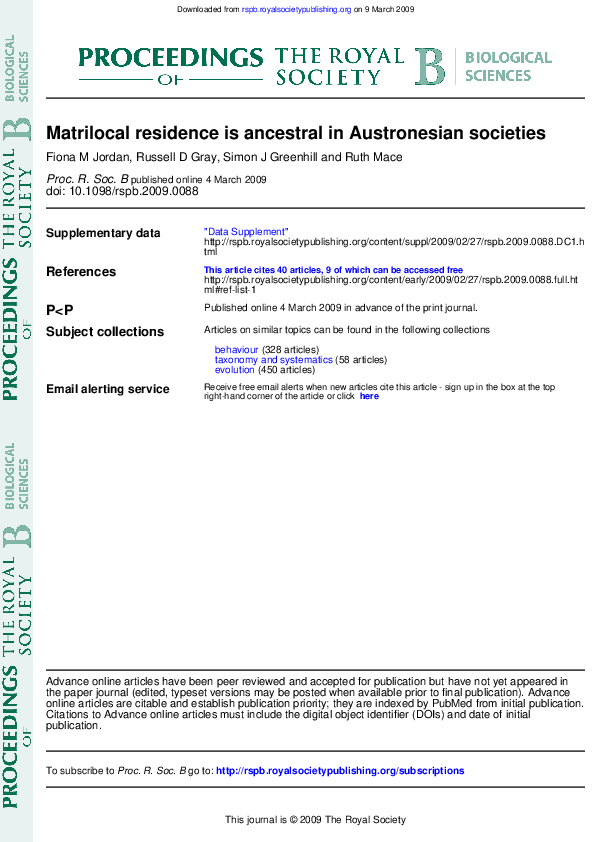 (PDF) Matrilocal residence is ancestral in Austronesian societies