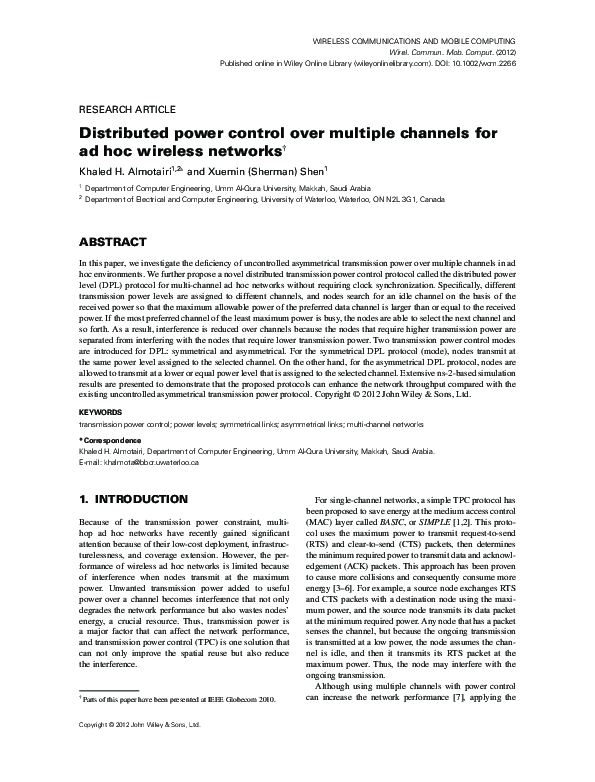 (PDF) Distributed power control over multiple channels for ad hoc ...