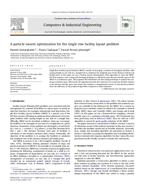 Pdf A Particle Swarm Optimization For The Single Row Facility Layout Problem Farzad Firouzi 