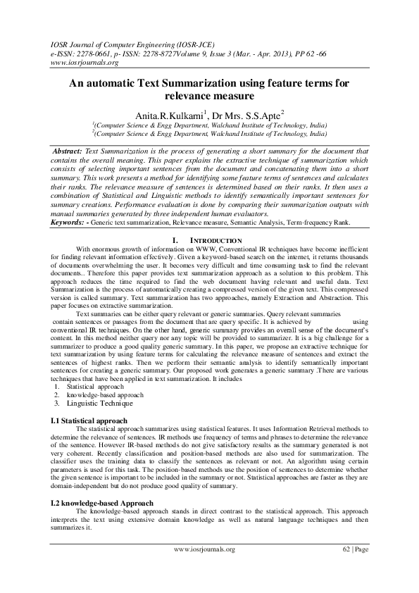 (PDF) An automatic Text Summarization using feature terms for relevance measure