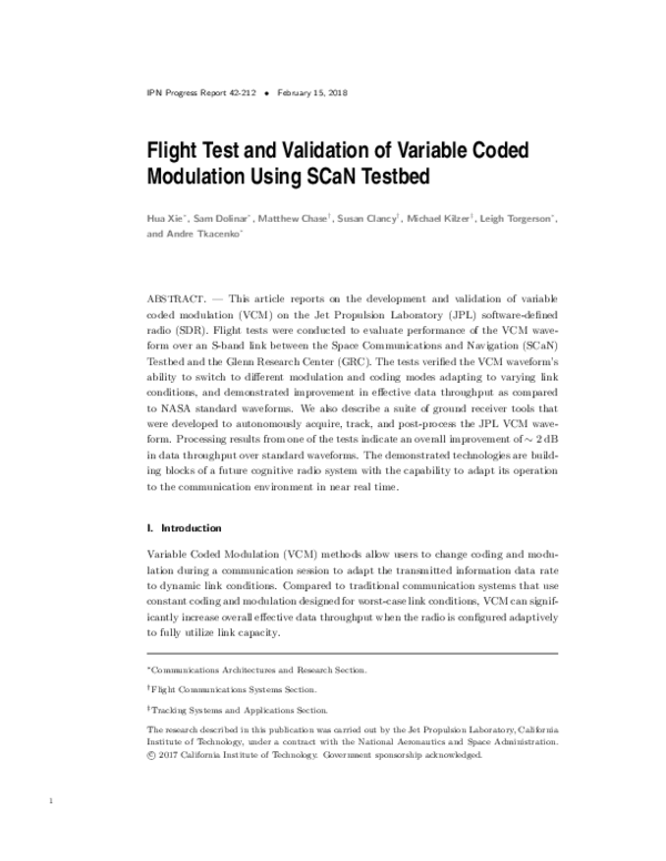 Pdf Flight Test And Validation Of Variable Coded Modulation Using Scan Testbed