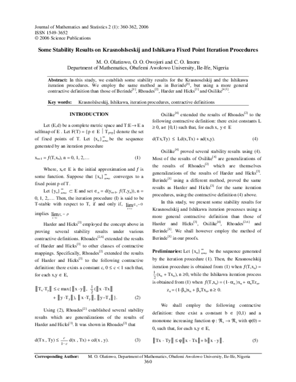 (PDF) Some Stability Results on Krasnolslseskij and Ishikawa Fixed Point Iteration Procedures