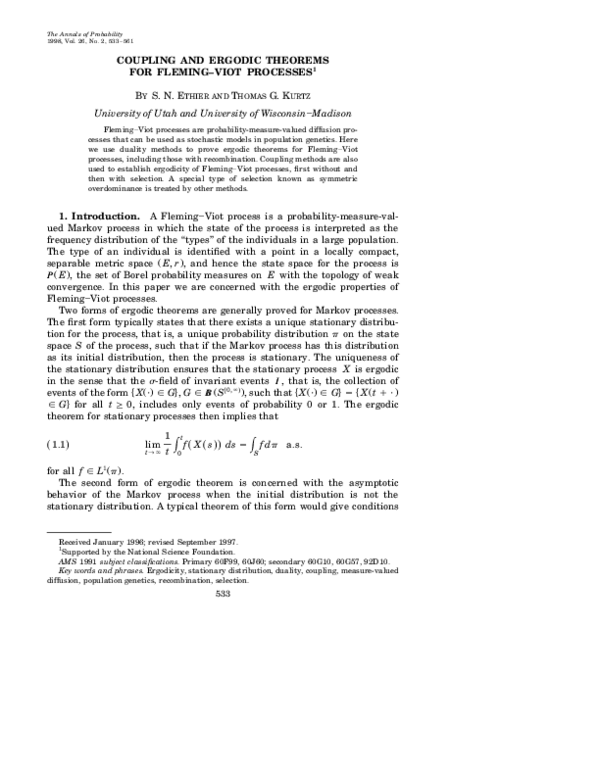 Pdf Coupling And Ergodic Theorems For Fleming Viot Processes