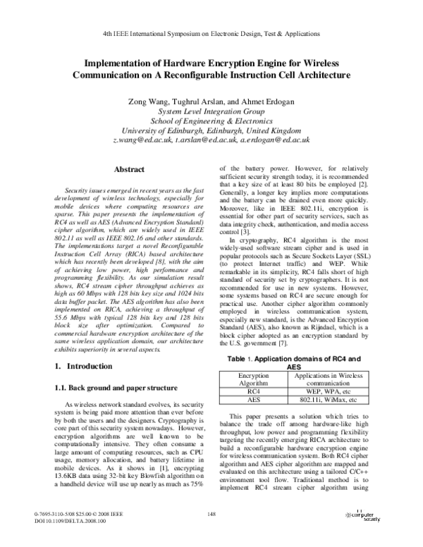(PDF) Implementation of Hardware Encryption Engine for Wireless Communication on a ...