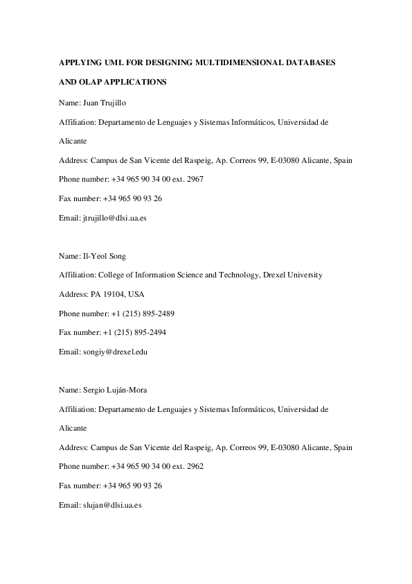 Pdf Applying Uml For Designing Multidimensional Databases And Olap Applications
