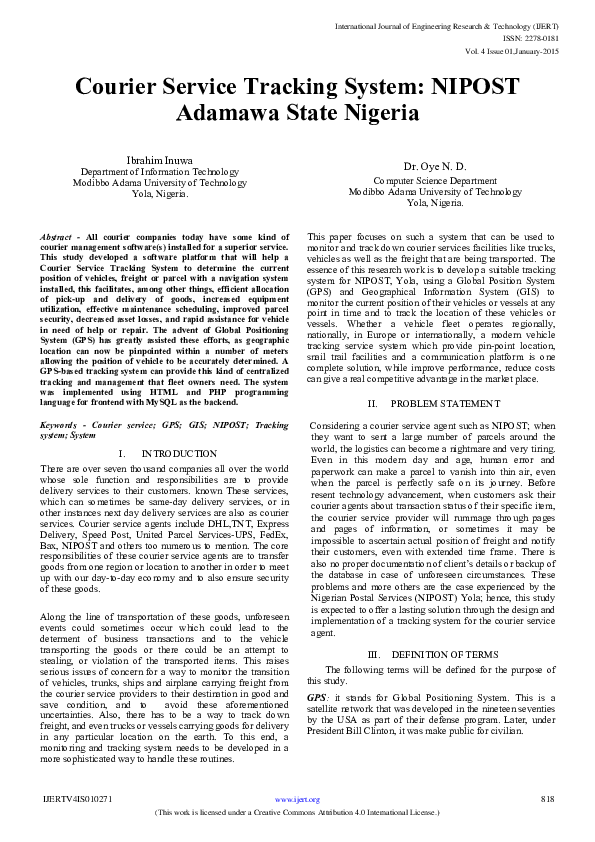 (PDF) Courier Service Tracking System: NIPOST Adamawa State Nigeria