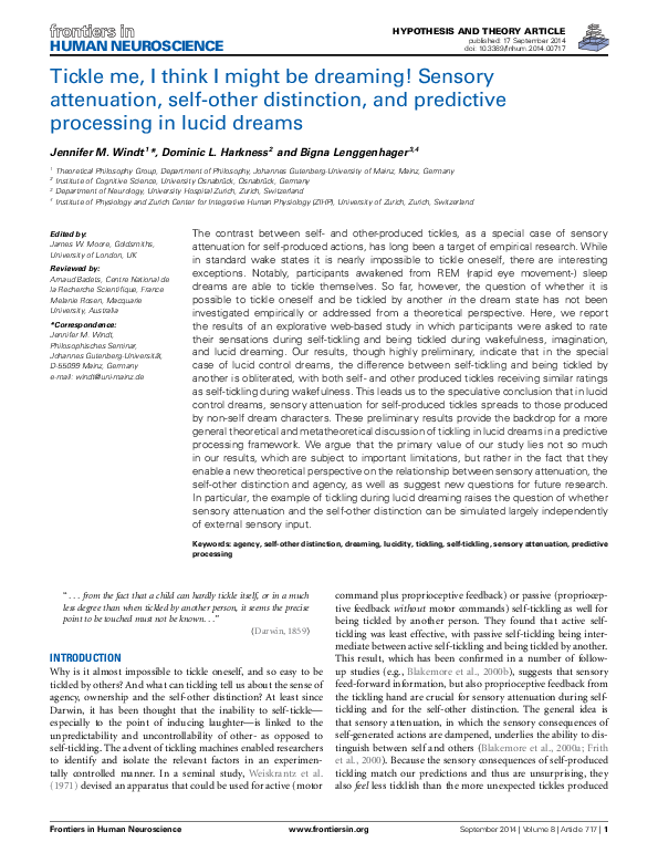 (PDF) Tickle me, I think I might be dreaming! Sensory attenuation, self-other distinction, and ...
