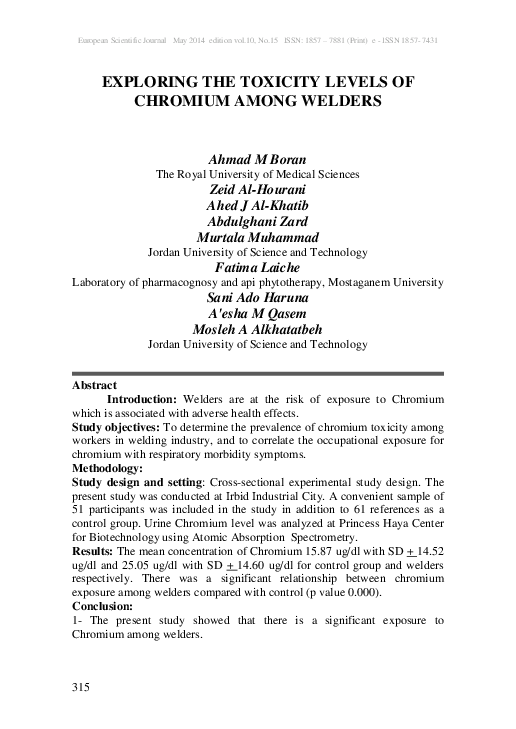 (PDF) Exploring the Toxicity Levels of Chromium Among Welders