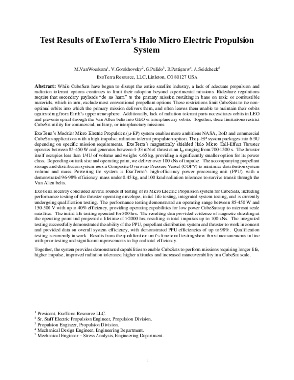 (PDF) Test Results of ExoTerra's Halo Micro Electric Propulsion System ...