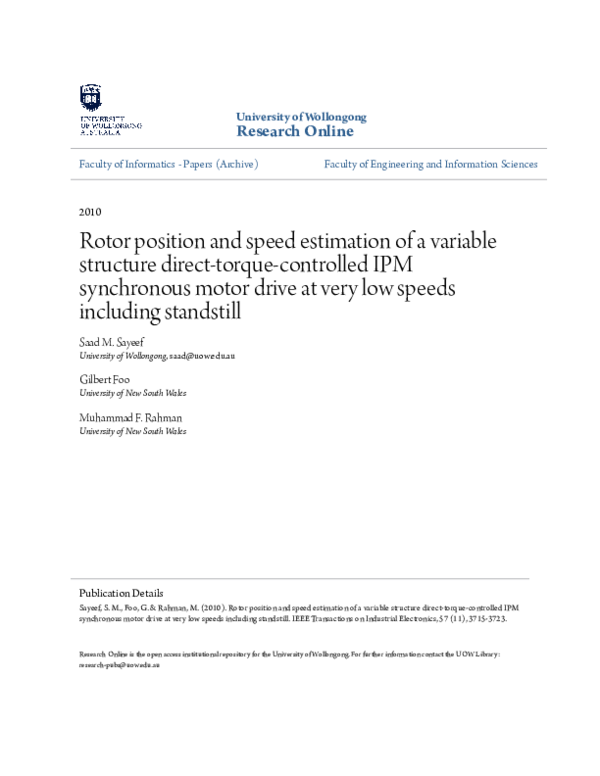 Pdf Rotor Position And Speed Estimation Of A Variable Structure Direct Torque Controlled Ipm