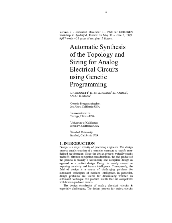 Pdf Automatic Synthesis Of The Topology And Sizing For Analog Electrical Circuits Using 3726