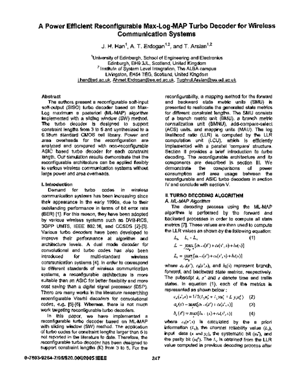 Pdf A Power Efficient Reconfigurable Max Log Map Turbo Decoder For Wireless Communication Systems