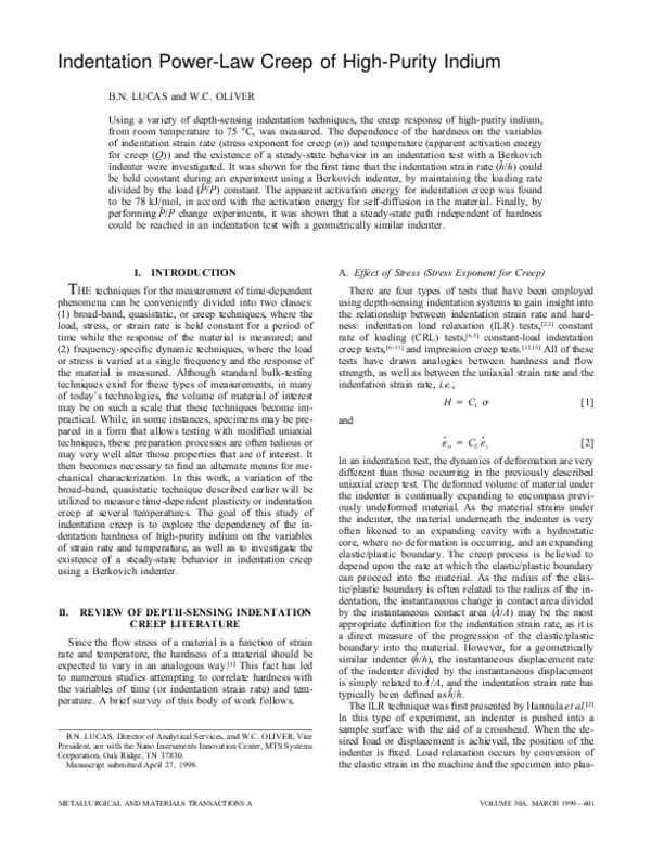 (PDF) Indentation power-law creep of high-purity indium