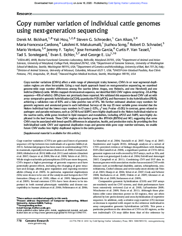 Pdf Copy Number Variation Of Individual Cattle Genomes Using Next Generation Sequencing