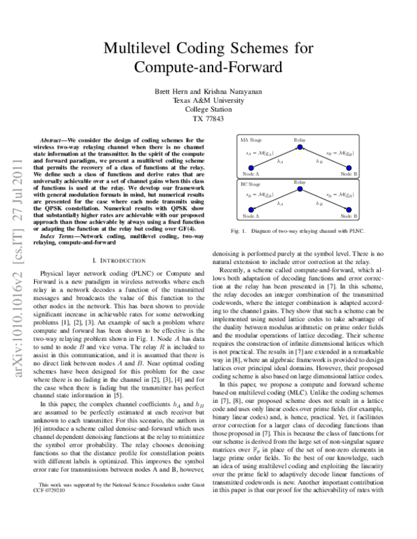 (PDF) Multilevel Coding Schemes for Compute-and-Forward With Flexible ...